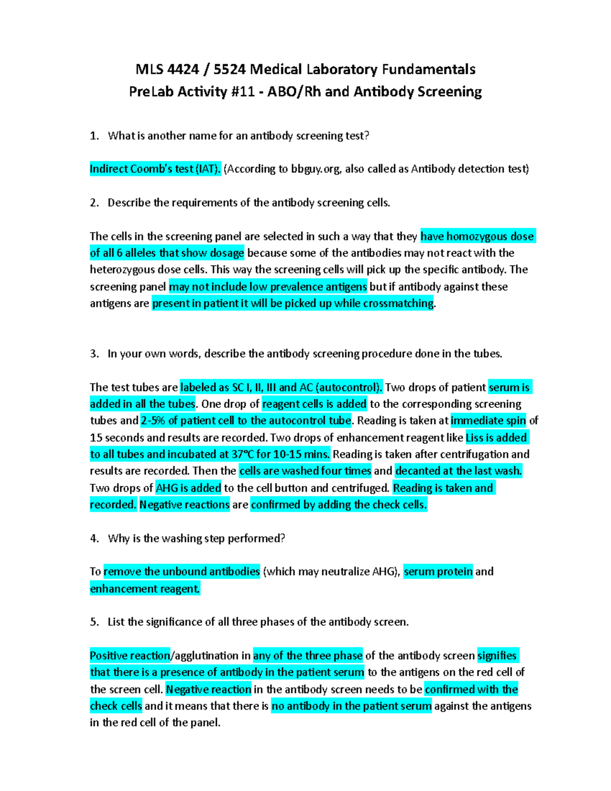 Pre Lab 11 - ABO/Rh and antibody screening - MLS 4424 / 5524 Medical ...