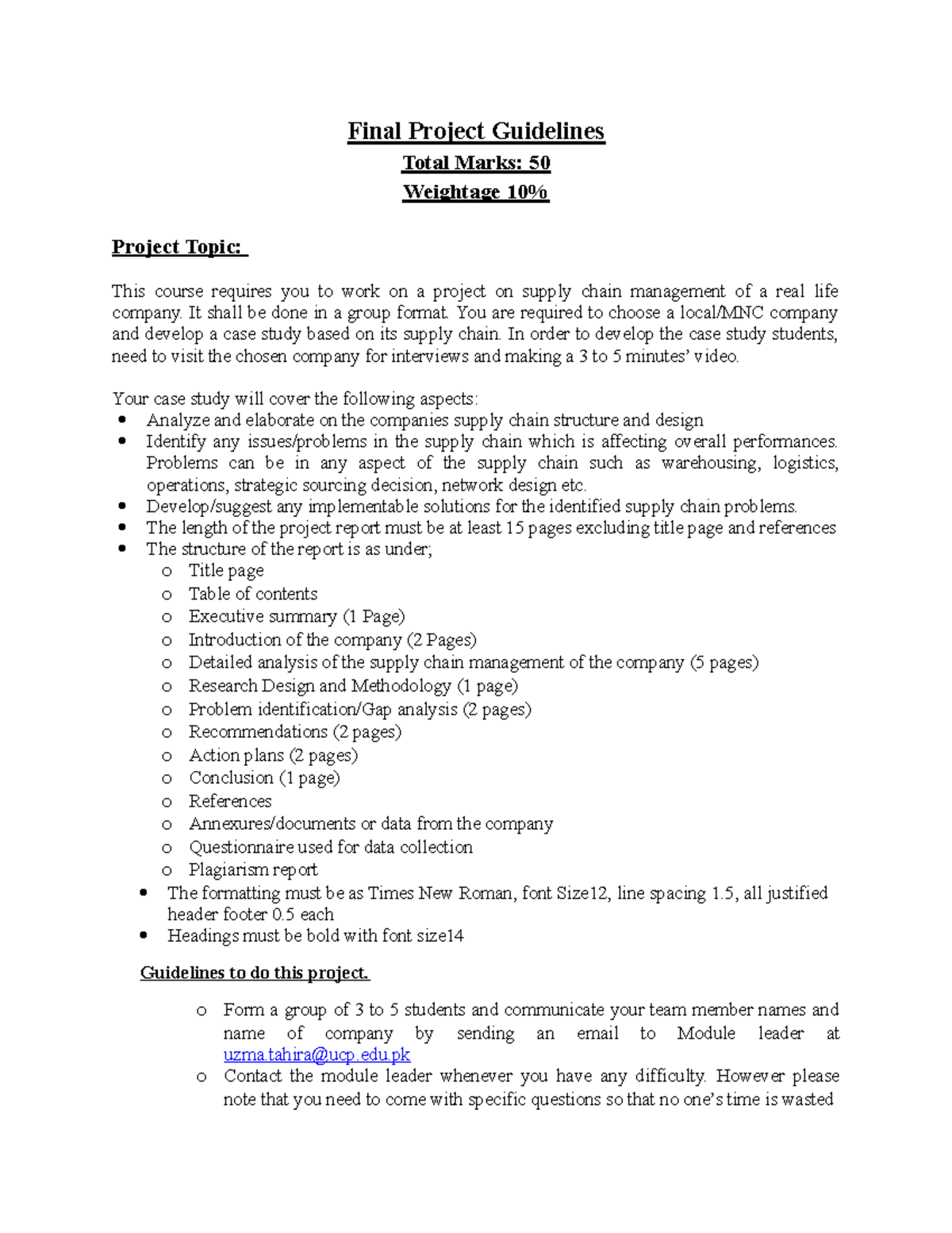 Final Project SCM - Final Project Guidelines Total Marks: 50 Weightage ...