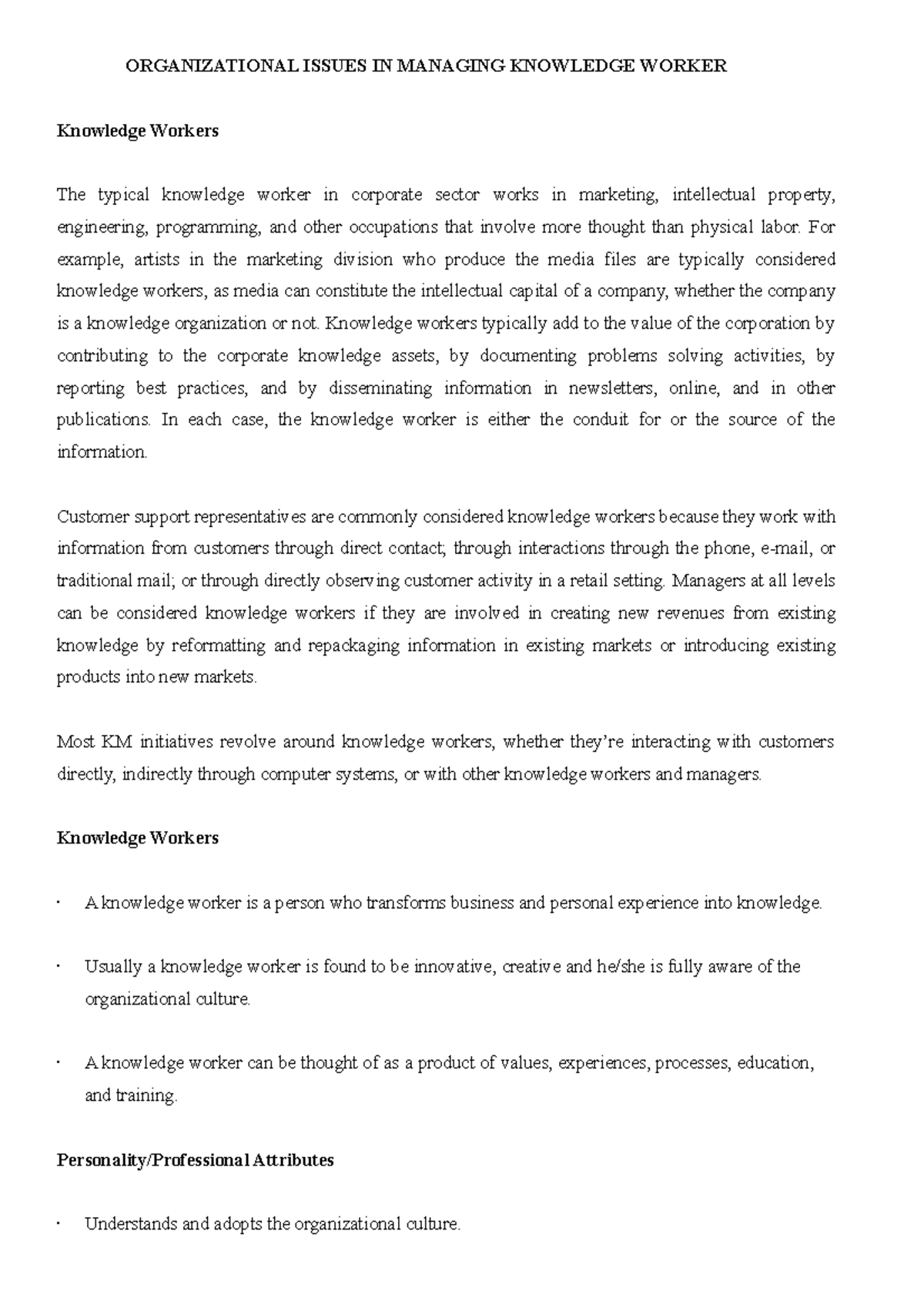 Ch06 Managing knowledge worker - ORGANIZATIONAL ISSUES IN MANAGING ...