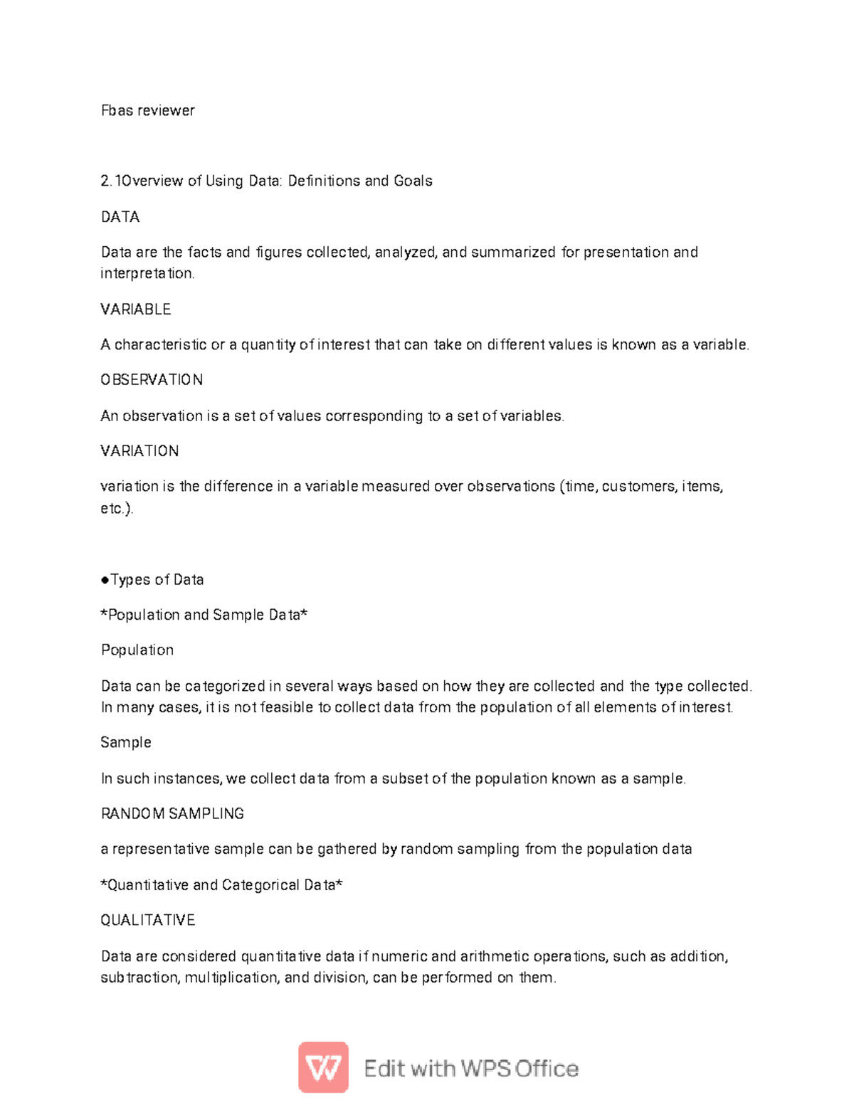 Fbas reviewer WPS Office - Fbas reviewer 2 of Using Data: Definitions and Goals DATA Data are ...