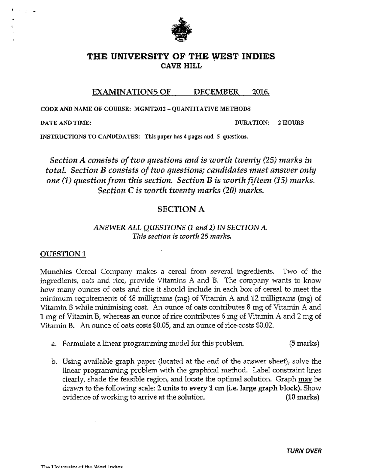 MGMT2012 201610 - Past Paper - Quantitative Methods - Studocu