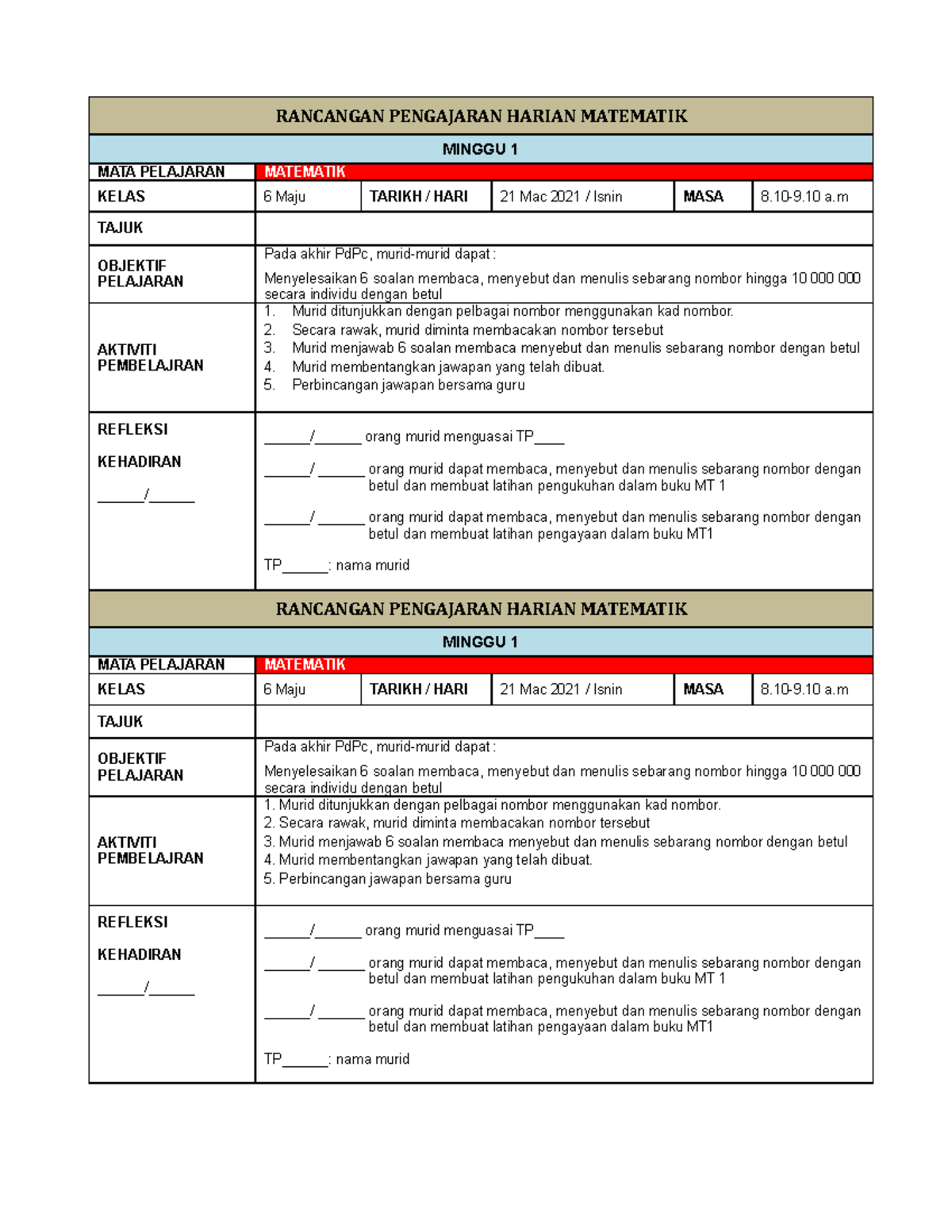 Template RPH Matematik Transisi- 2023 - RANCANGAN PENGAJARAN HARIAN ...