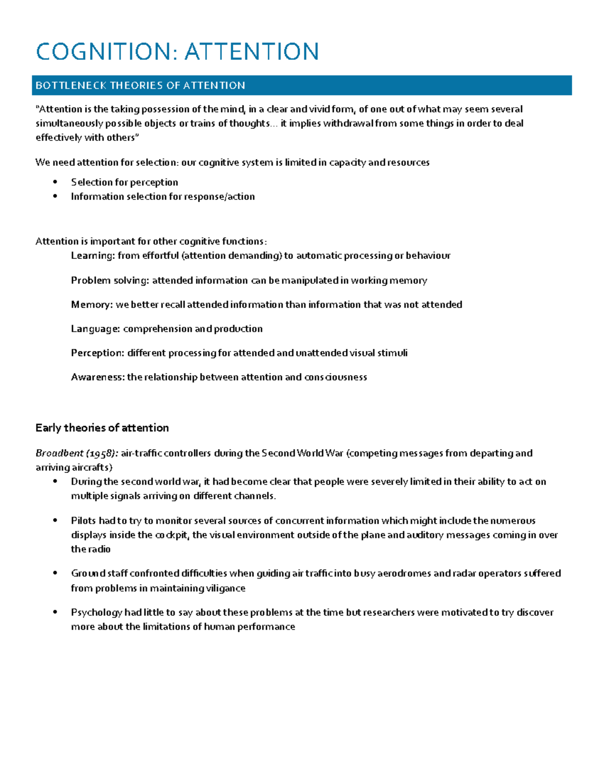 Attention Lecture Notes - COGNITION: ATTENTION BOTTLENECK THEORIES OF ...