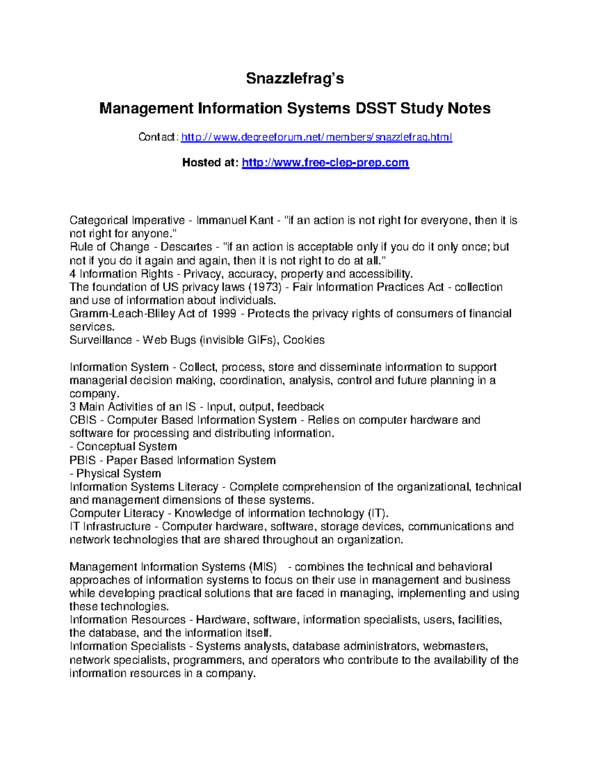 Snazzlefrag’s IS DSST - IT CLEP - Snazzlefrag’s Management Information ...