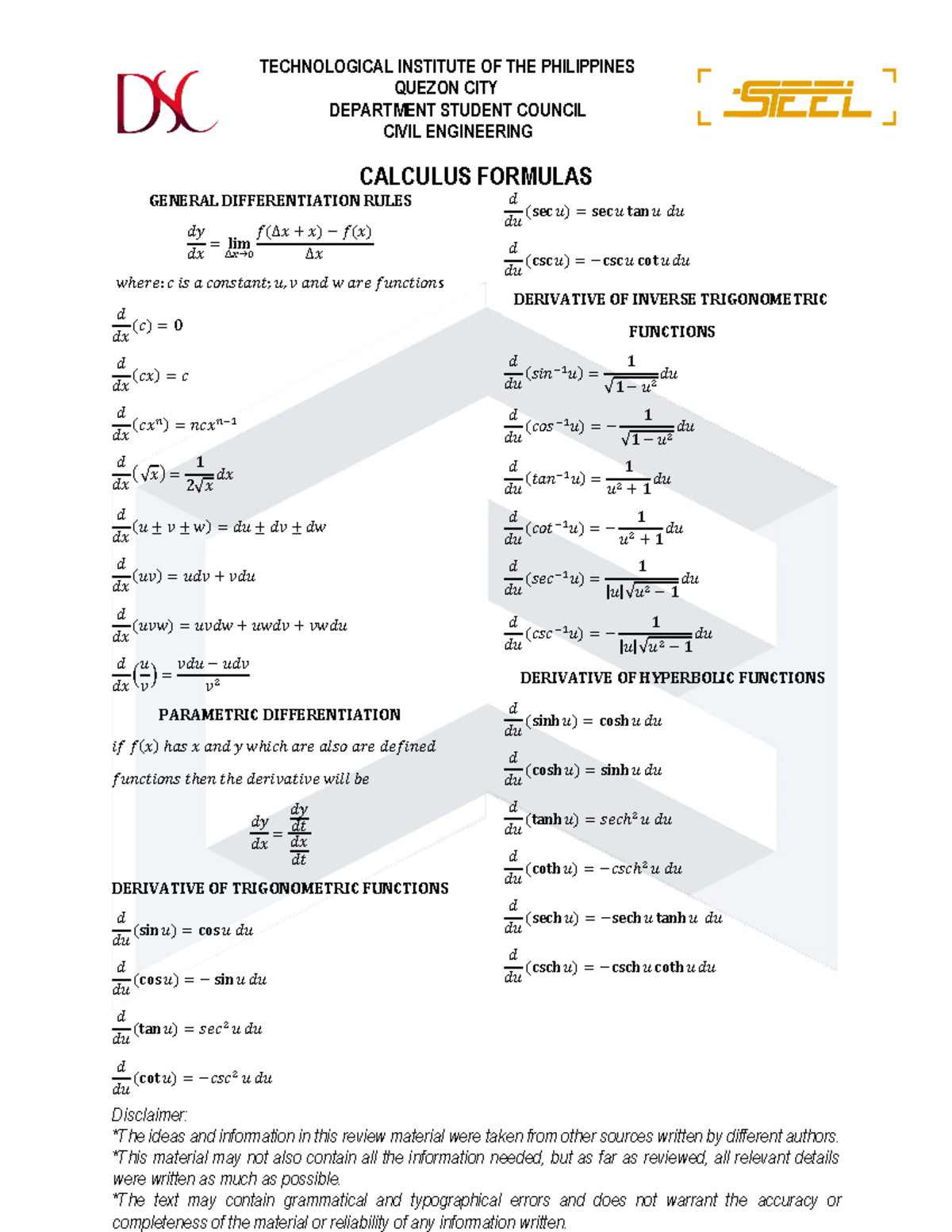 Calculus Formulas - QUEZON CITY DEPARTMENT STUDENT COUNCIL CIVIL ...