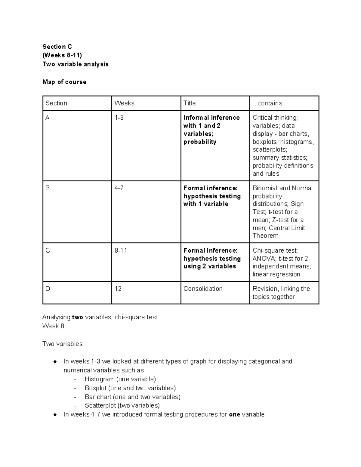 STAT193 Exam - Section C (Weeks 8-11) Two variable analysis Map of course Section Weeks Title ...