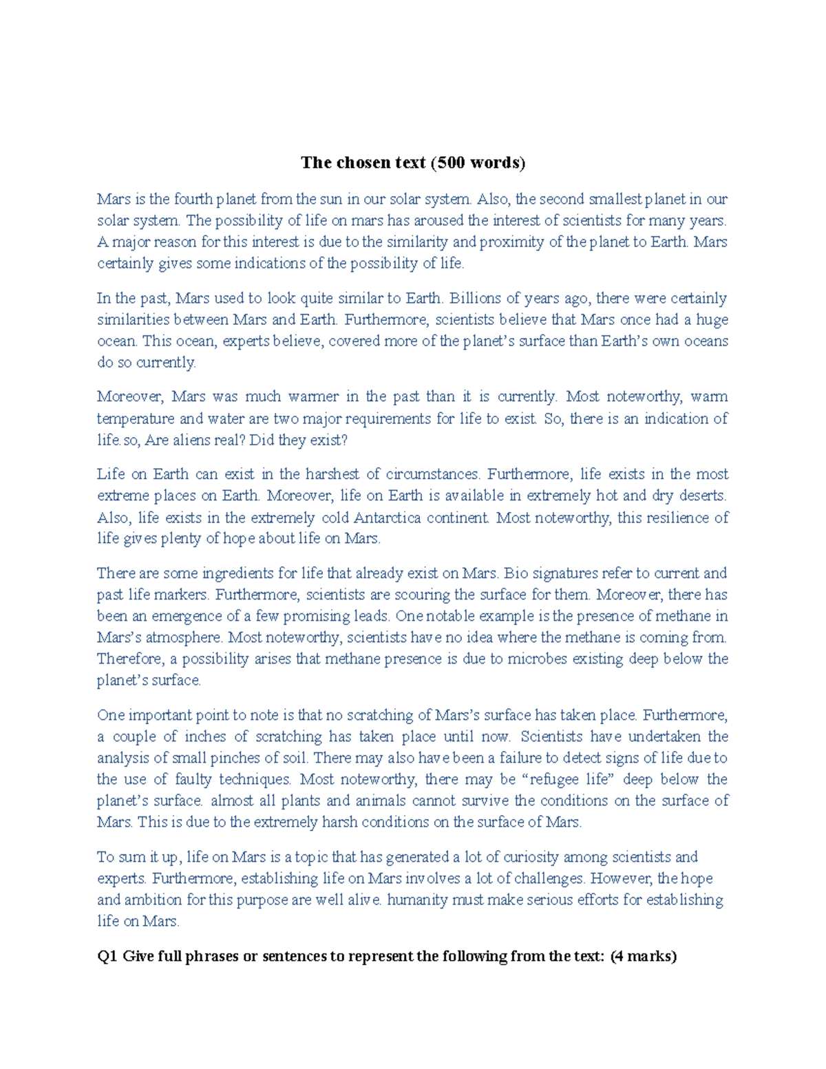 Syntax Assignment - The chosen text (500 words) Mars is the fourth ...