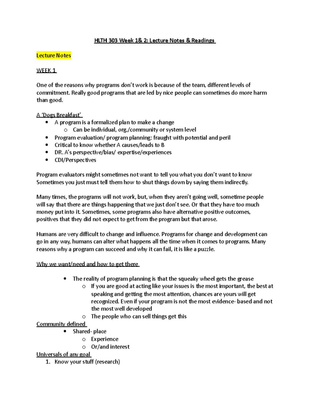 HLTH 303 Week 1 - NOTES - HLTH 303 Week 1& 2: Lecture Notes & Readings ...
