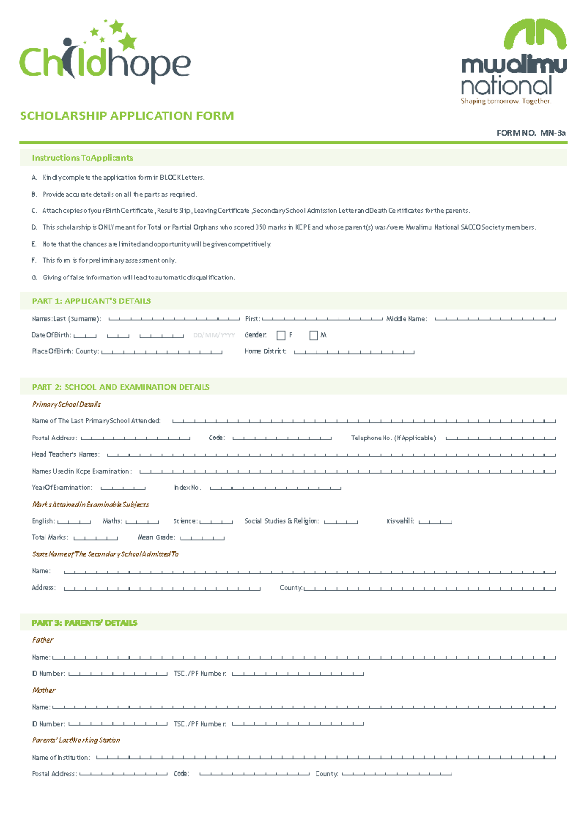 Childhope Foundation Application Form - 2019 - SCHOLARSHIP APPLICATION ...