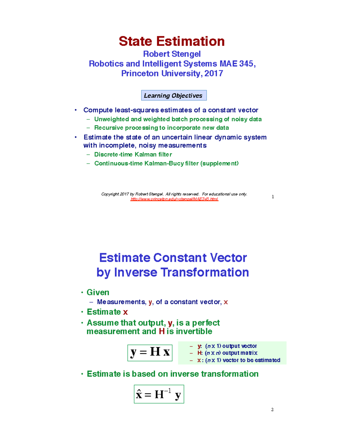 State Estimation - ####### State Estimation! Robert Stengel! Robotics ...