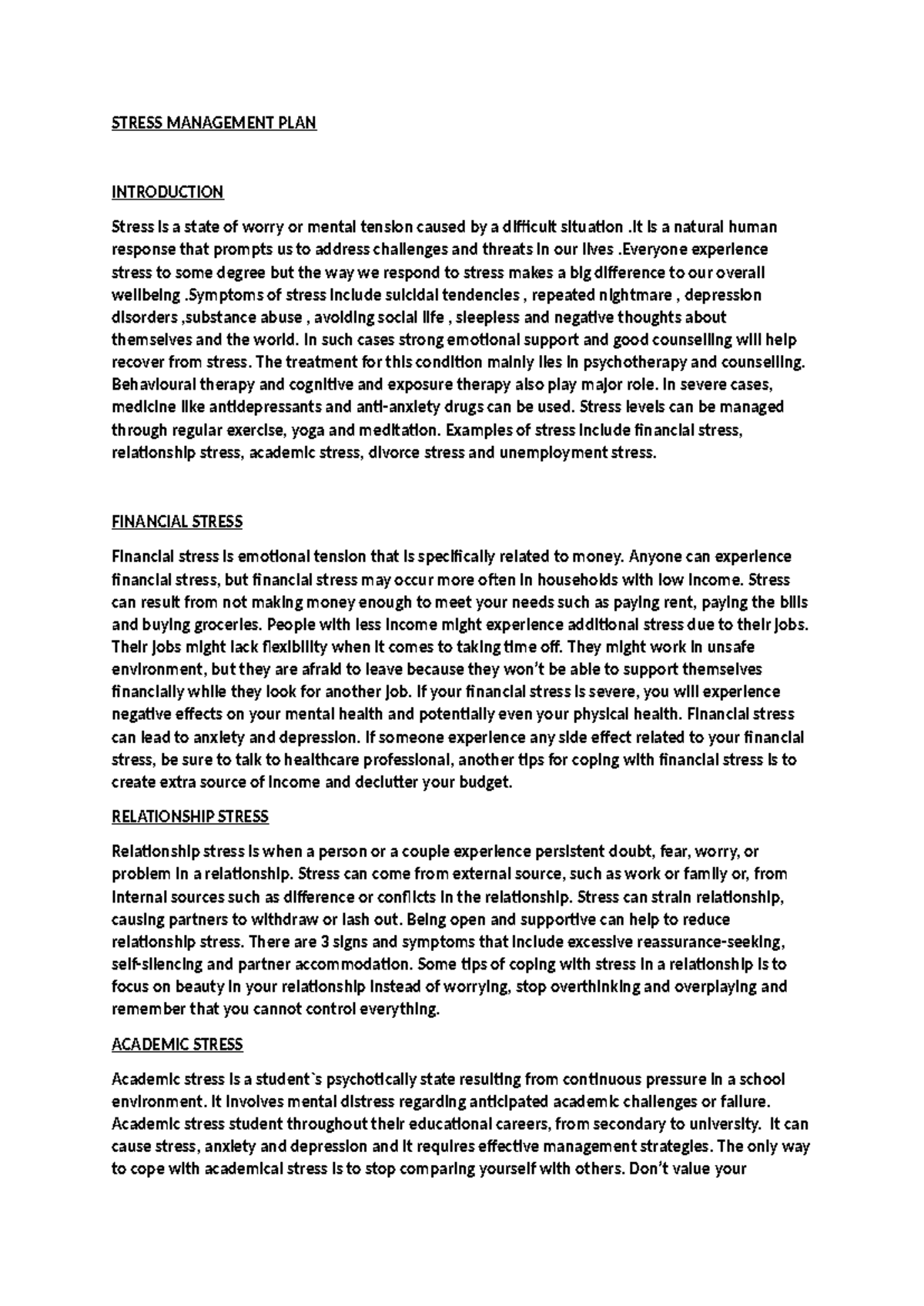 Stress Management PLAN Yonga Fountain - STRESS MANAGEMENT PLAN ...