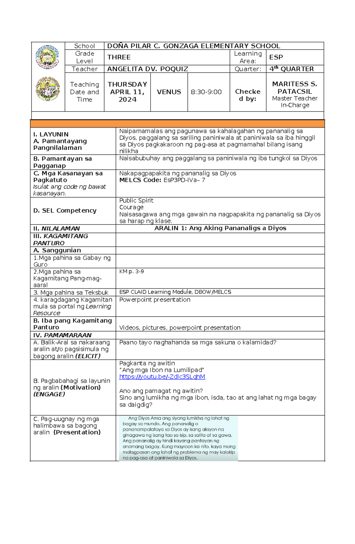 Q4 ESP WEEK 1 DAY 1 - Lesson plan - School DOÑA PILAR C. GONZAGA ...