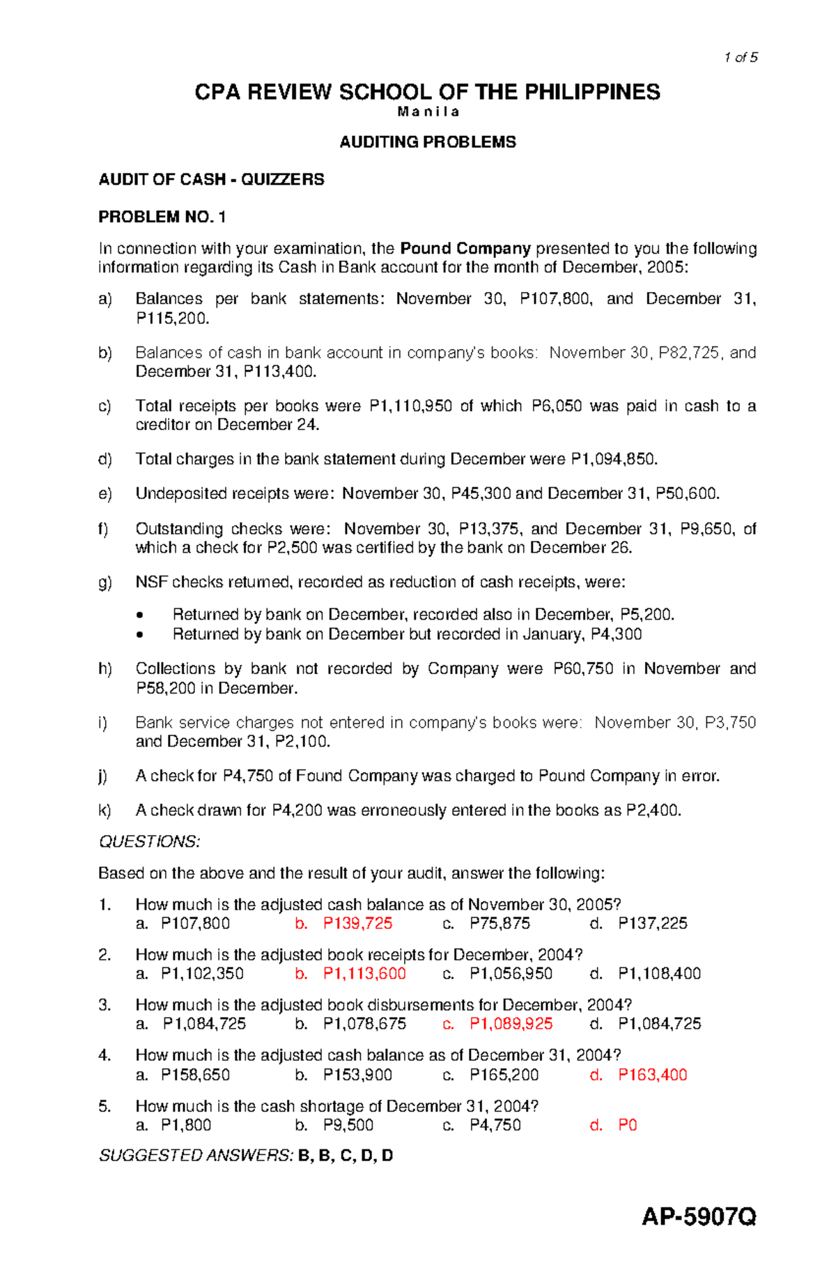 Audit p-5907q cash - CPA REVIEW SCHOOL OF THE PHILIPPINES M a n i l a ...