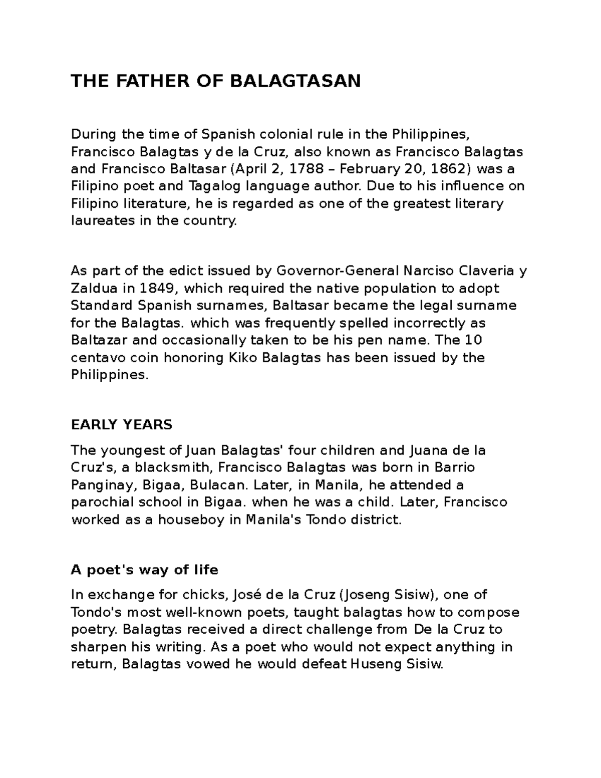 THE Father OF Balagtasan - THE FATHER OF BALAGTASAN During the time of ...