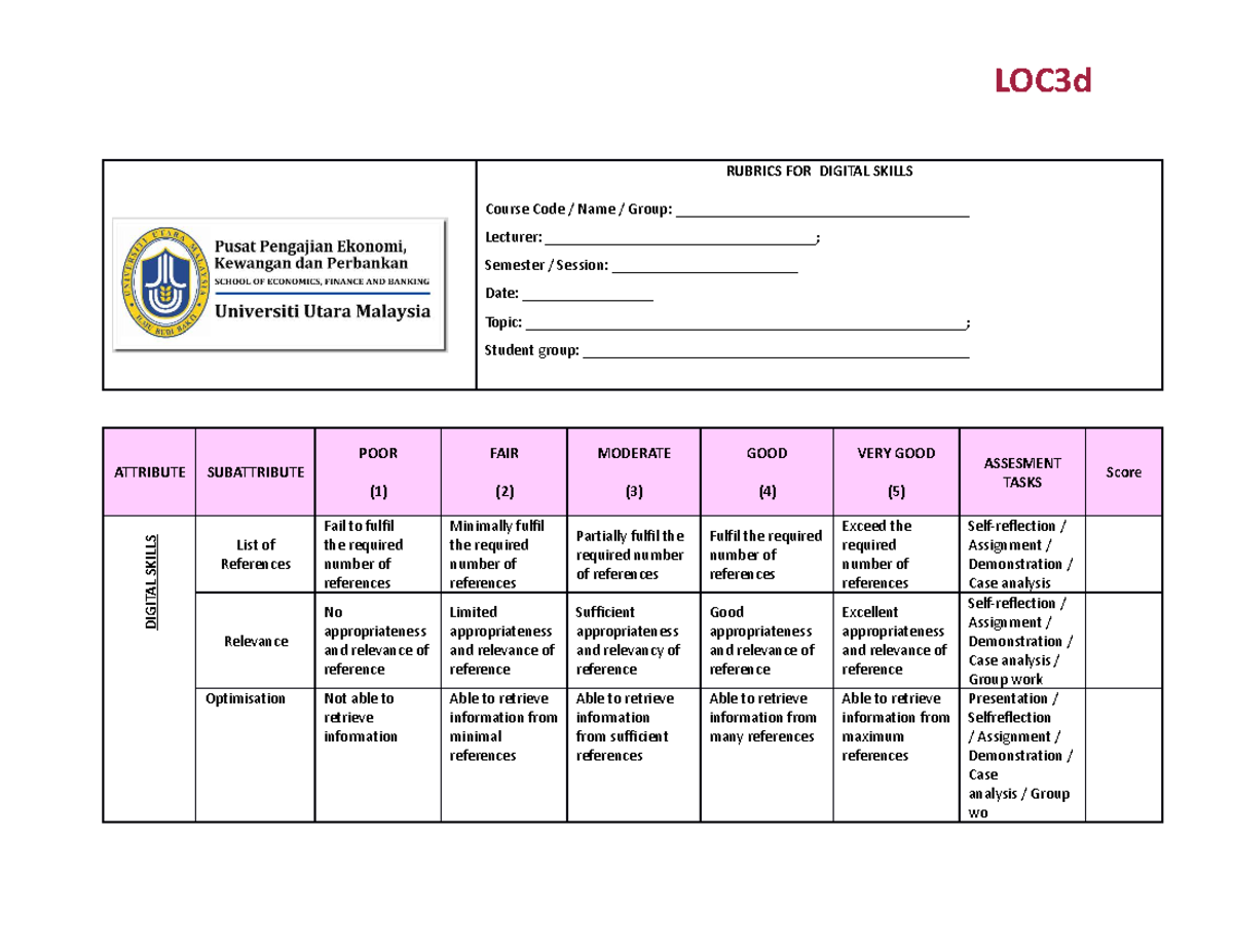LOC3d Rubrics FOR Digital Skills - LOC3d RUBRICS FOR DIGITAL SKILLS ...