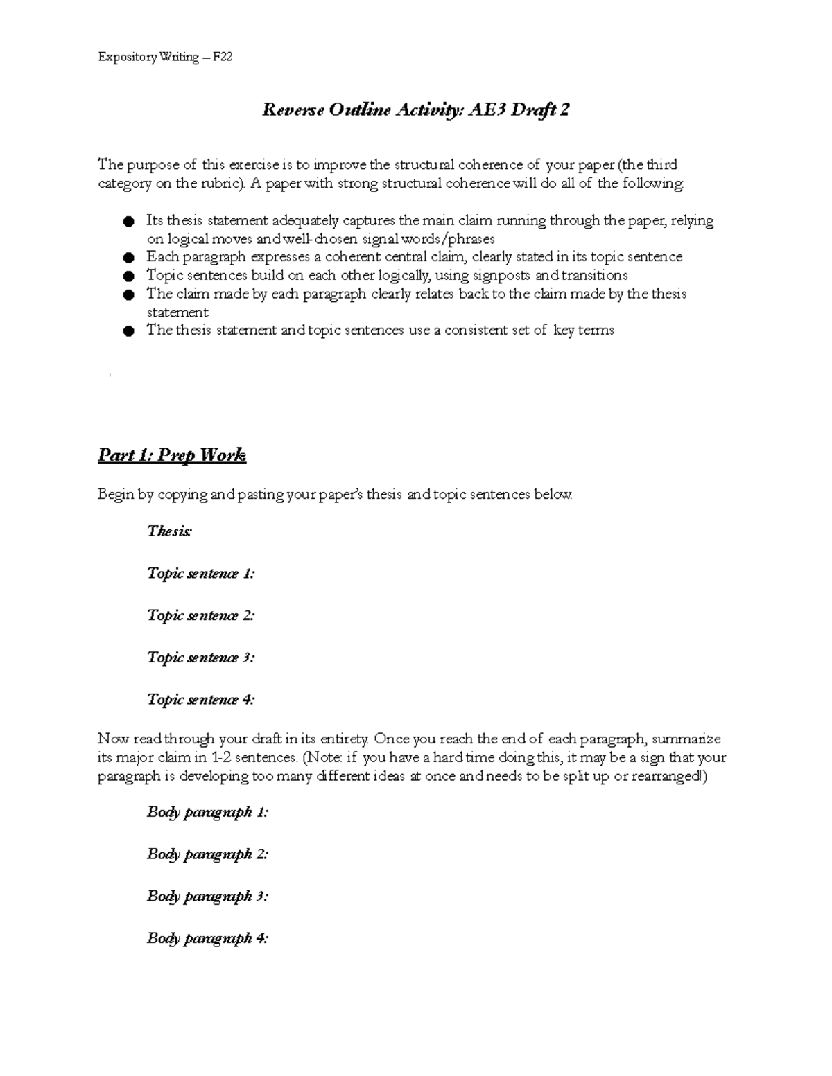 AE3 Reverse Outline (1) - Reverse Outline Activity: AE3 Draft 2 The purpose of this exercise is ...