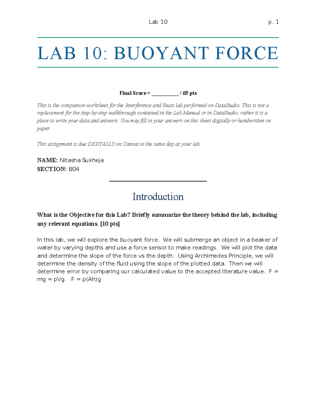 Lab10 Buoyant Force Worksheet vf - LAB 10: BUOYANT FORCE Final Score ...