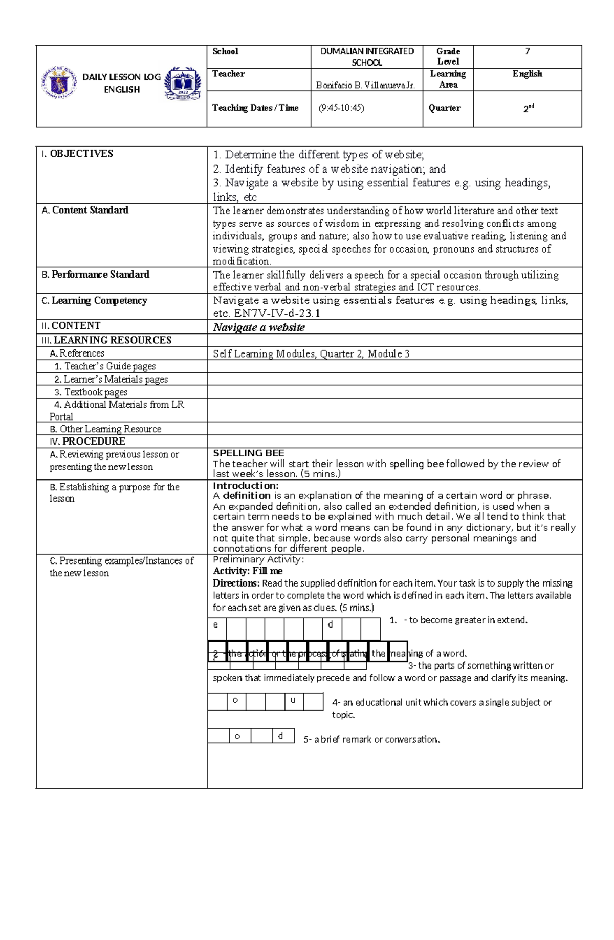 Lesson PLAN G7 Q2 - DAILY LESSON LOG ENGLISH School DUMALIAN INTEGRATED ...