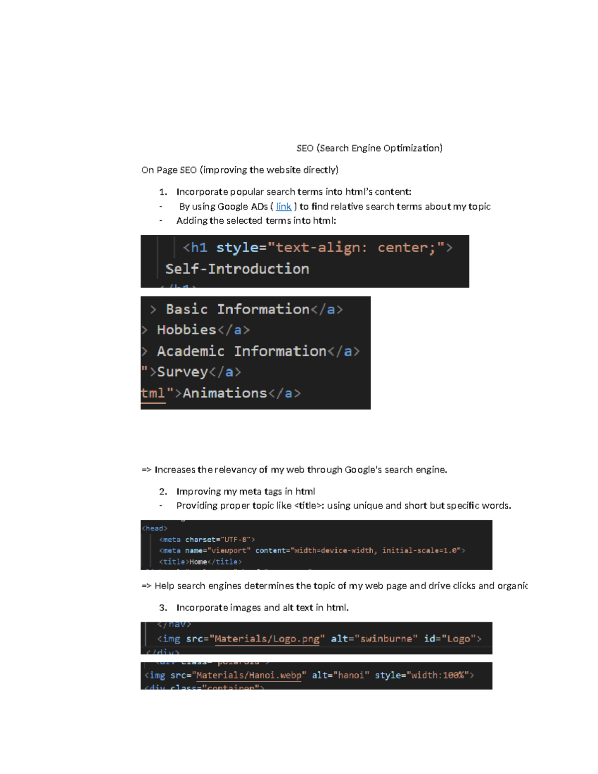 SEO - Improving my meta tags in html Providing proper topic like : using unique and - Studocu