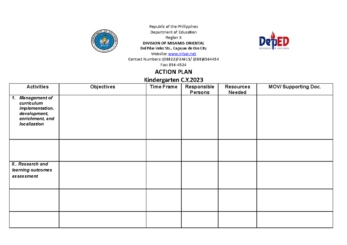 Action Plan in Kindergarten MTB MLE 2023 - Republic of the Philippines ...
