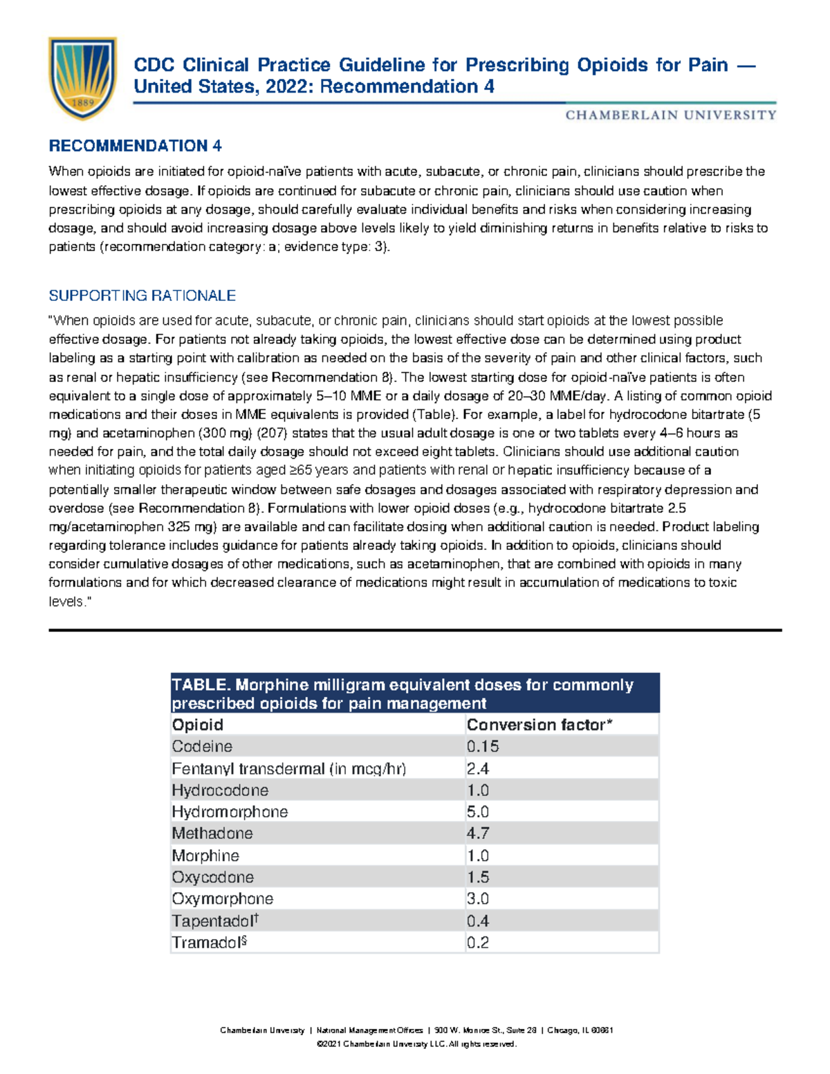 NR565 CDC MME Calculation Table - CDC Clinical Practice Guideline for Prescribing Opioids for ...