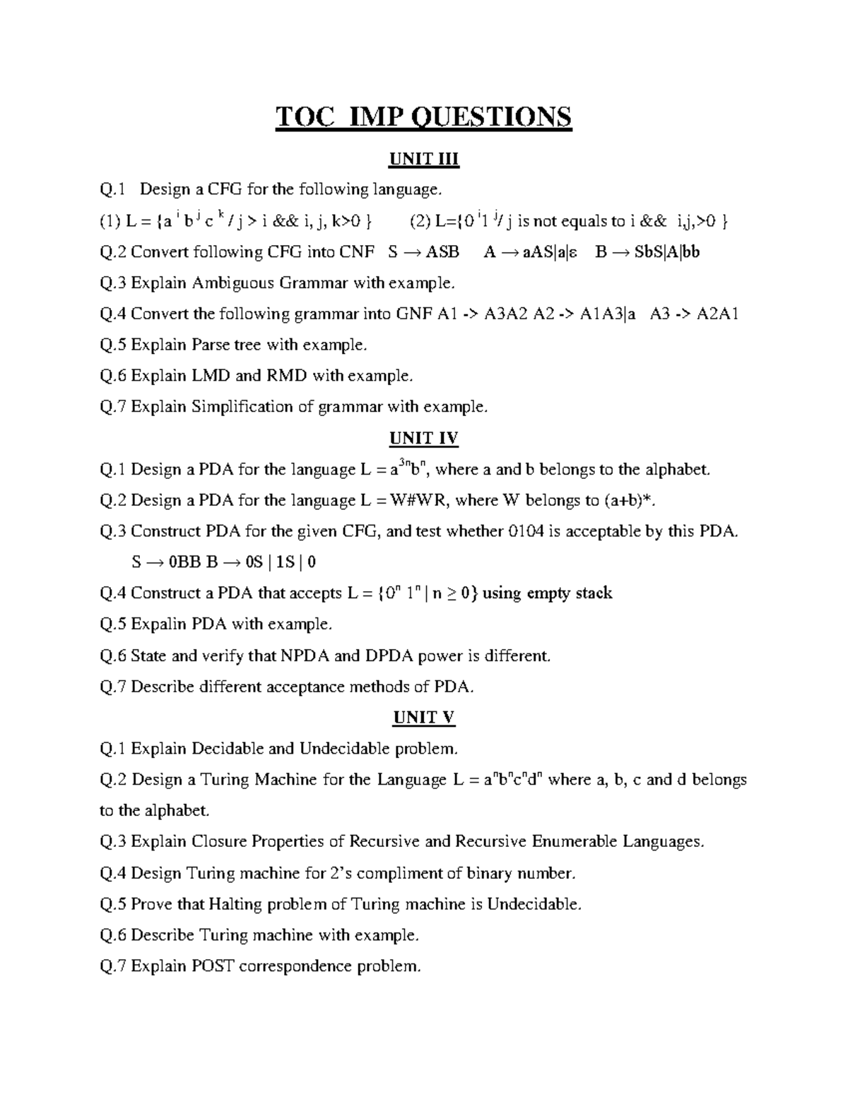 AIML TOC First MID SEM 2024 IMP Questions - TOC IMP QUESTIONS UNIT III ...
