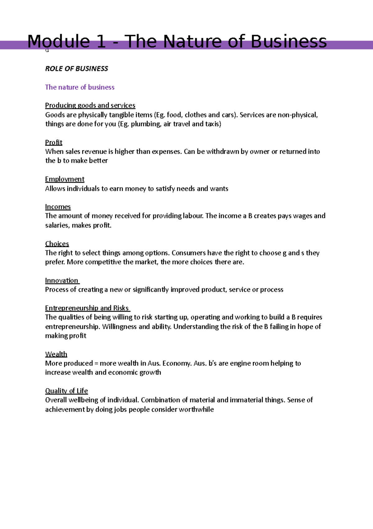 Module 1 - The Nature of Business - d ROLE OF BUSINESS The nature of ...