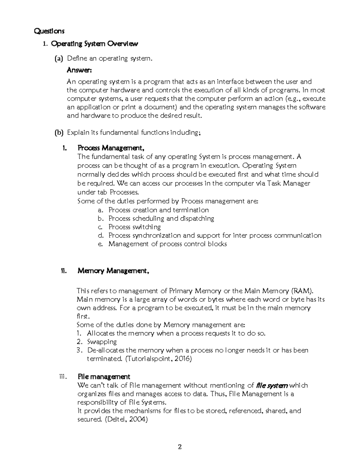 Operating Systems Assignment 1 Questions 1 Operating System Overview A Define An Operating