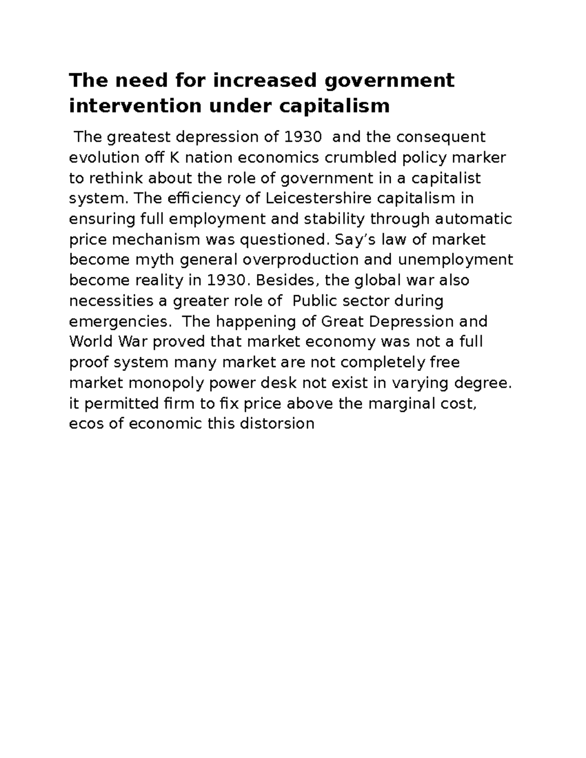 Need for increased government intervention under capitalism - The ...