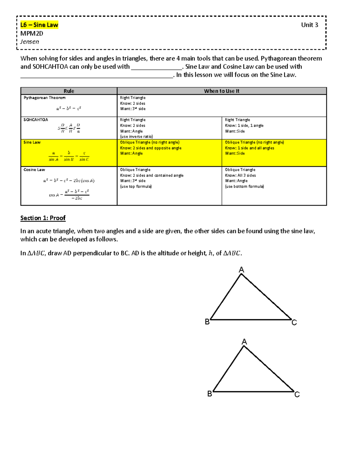 U6l6s+Sine+Law - MPM2d - A B C A B C L 6 – Sine Law Unit 3 MPM2D Jensen ...