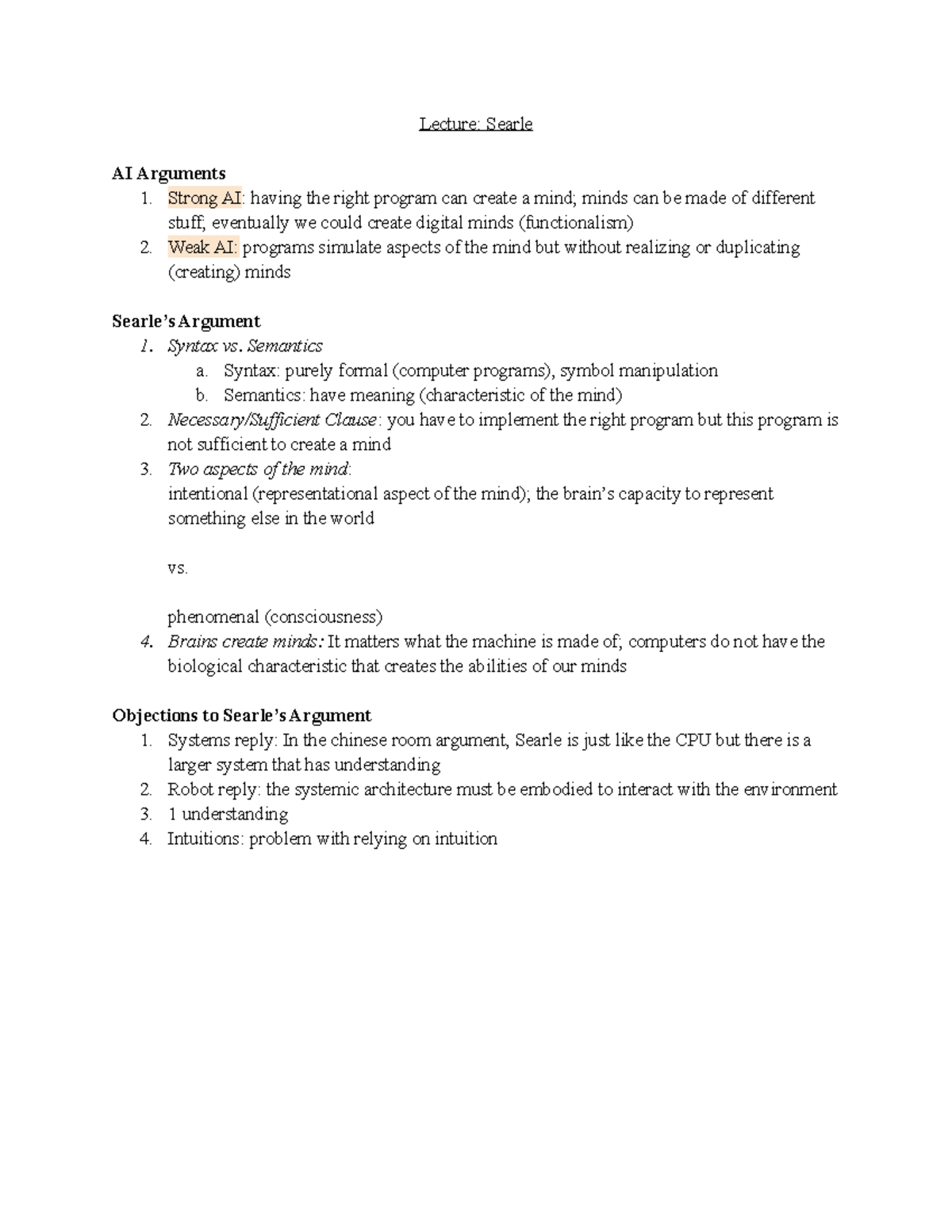 Lecture Searle, Computers Aren t Minds - Lecture: Searle AI Arguments 1 ...
