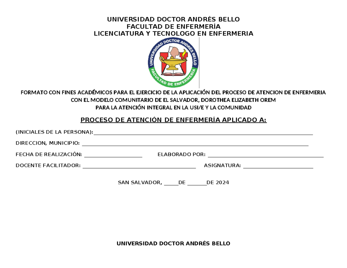 PAE - Formato EN Blanco - UNIVERSIDAD DOCTOR ANDRÉS BELLO FACULTAD DE ...