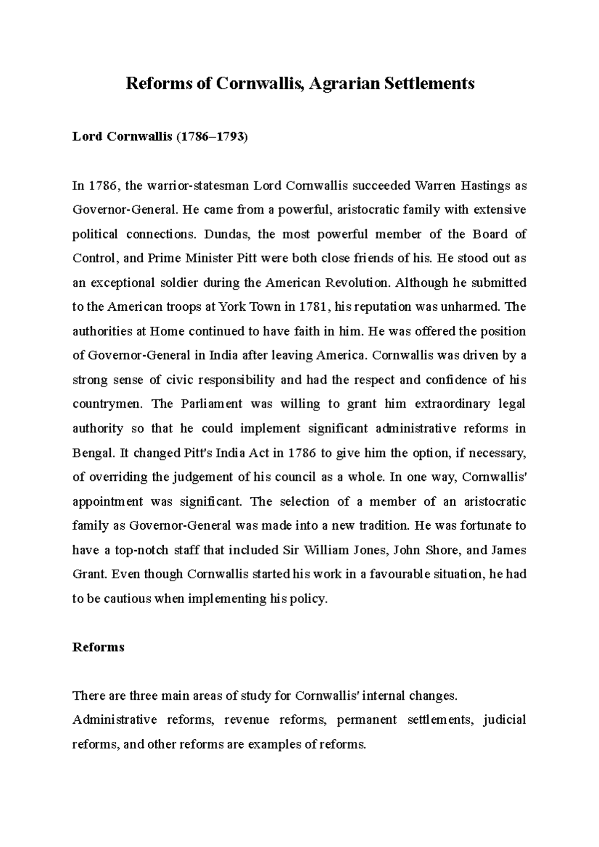 Reforms of Cornwallis, Agrarian Settlements - He came from a powerful ...