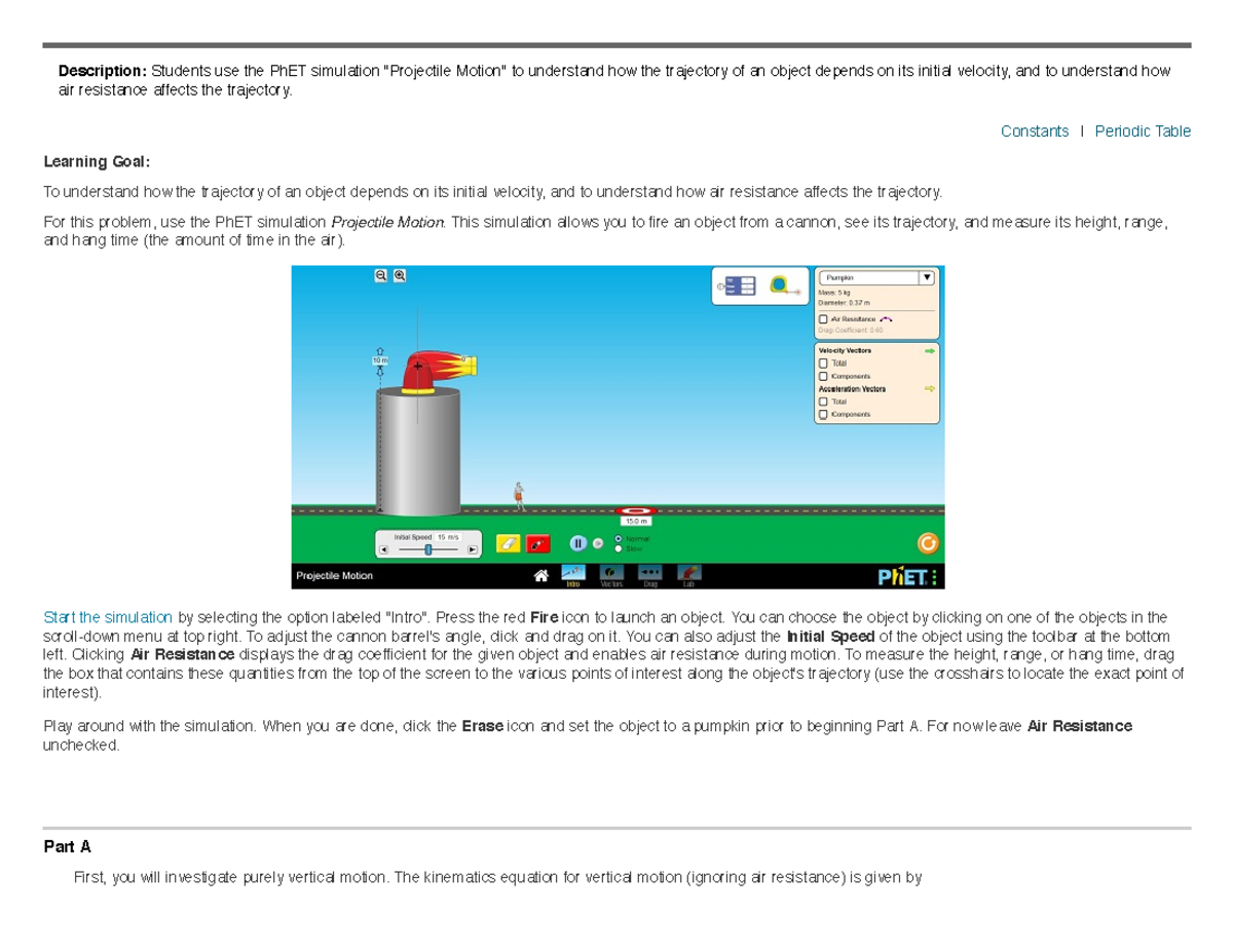 Mastering Physics Ph ET Tutorial Projectile Motion Description