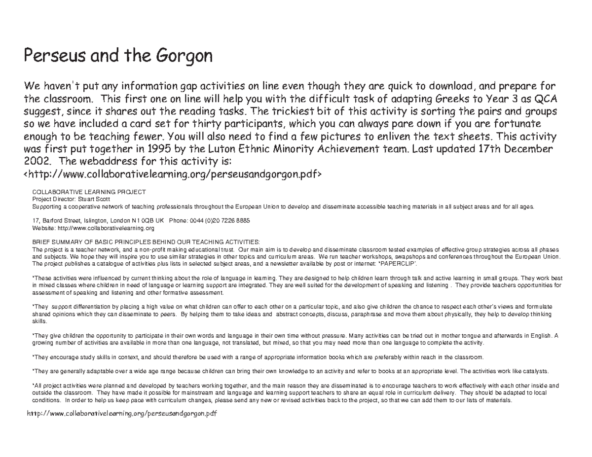 Perseusandgorgon - Activity Sheets for Teachers - Perseus and the ...