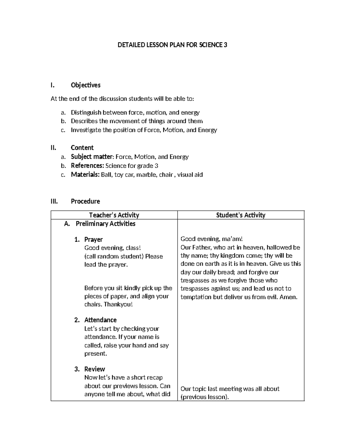 Detailed Lesson PLAN FOR Science 3- tinee - DETAILED LESSON PLAN FOR ...