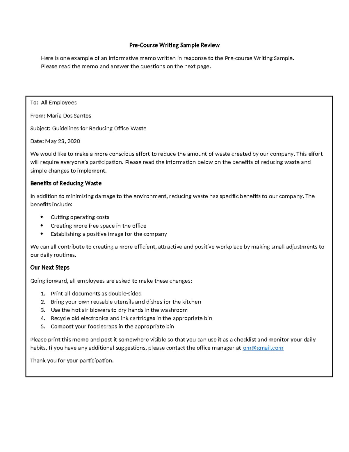 Pre-course Writing Sample Review - Pre-Course Writing Sample Review ...