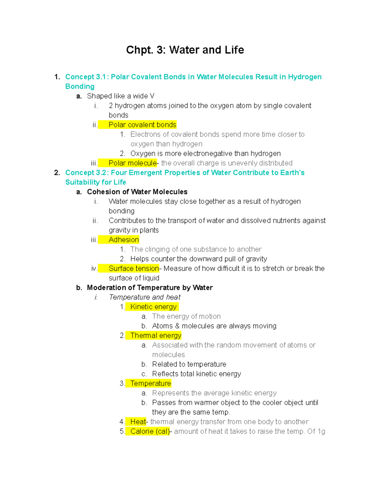 BIO 116 Notes-2 - chapter notes - Chpt. 3: Water and Life 1. Concept 3 ...