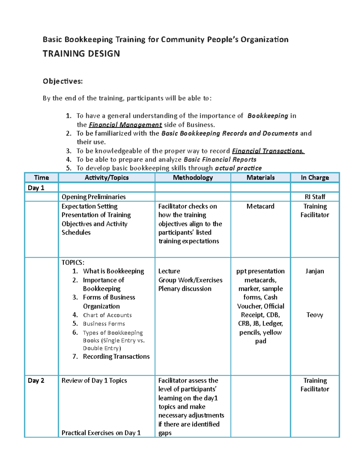 Basic Bookkeeping Training for Community People - To be familiarized ...