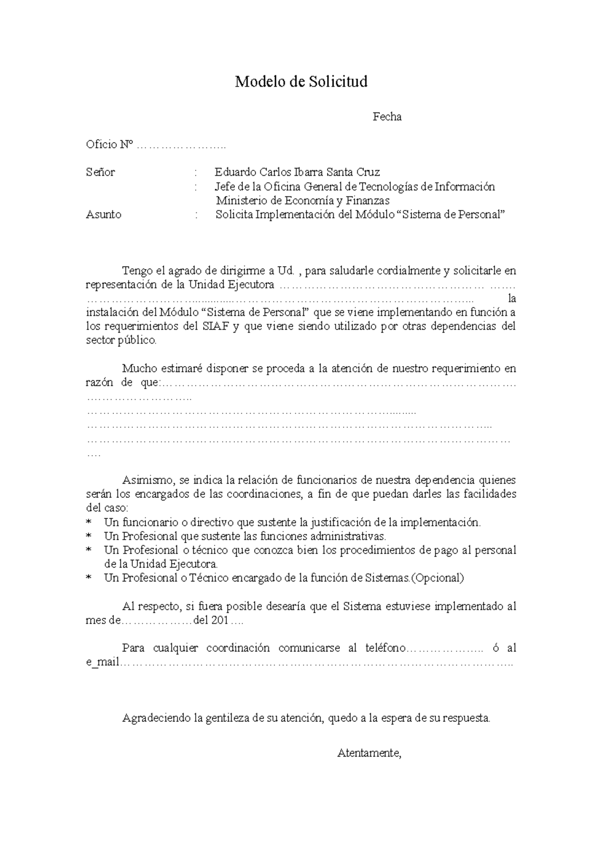 Modelo solicitud - Modelo de Solicitud Fecha Oficio Nº ...