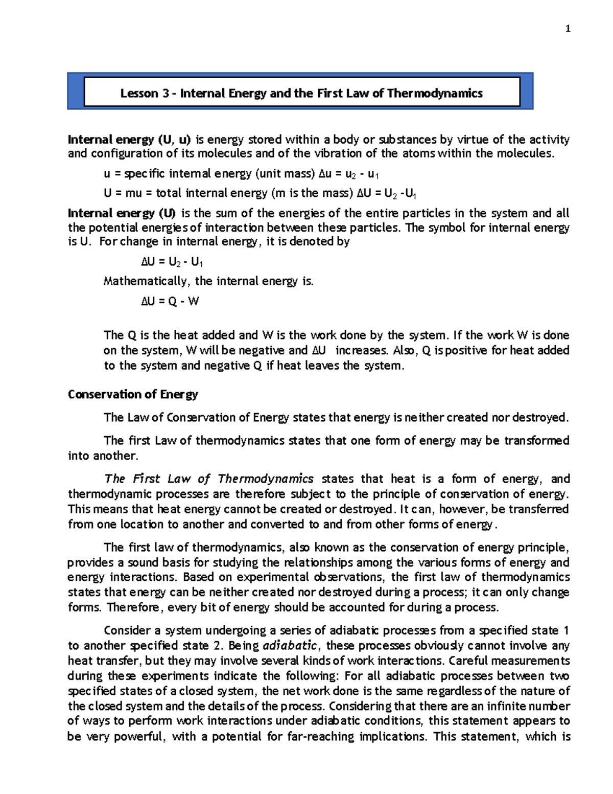 Module 2 Lesson 3 AND 4 - Lecture notes 3 4 - Internal energy (U, u) is ...