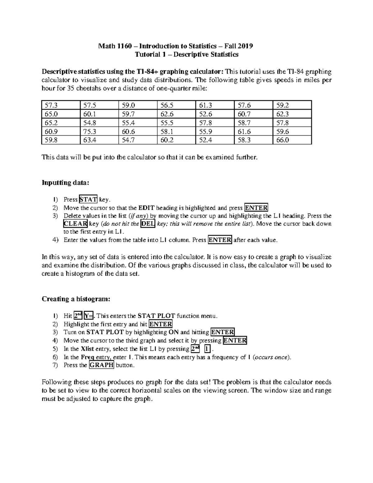 Stats Tutorial 1 - Math 1160 – Introduction to Statistics – Fall 2019 ...