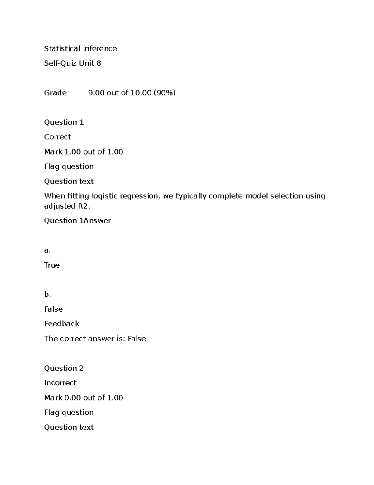 Statistical inference self-quiz unit 8 - Statistical inference Self-Quiz Unit 8 Grade 9 out of ...