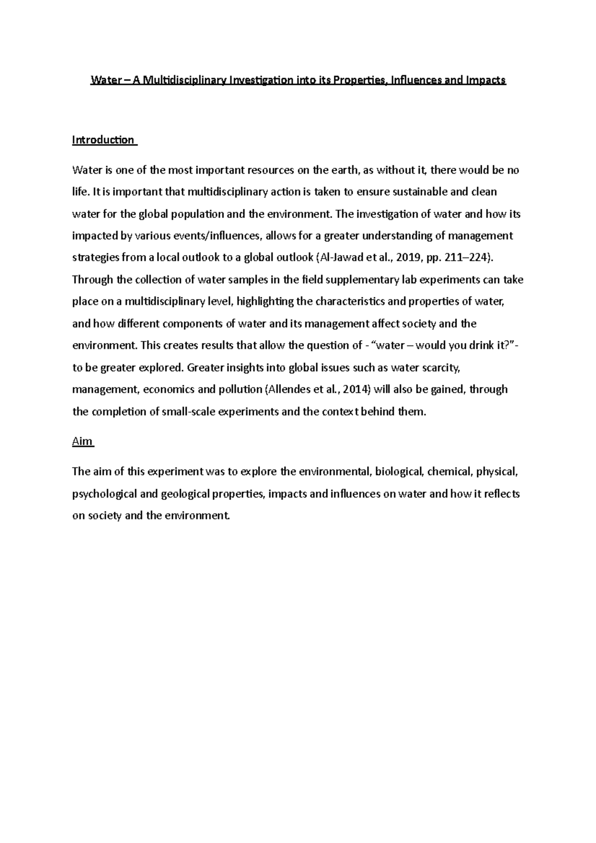 Water Investigation: Properties Influences and Impacts - Studocu