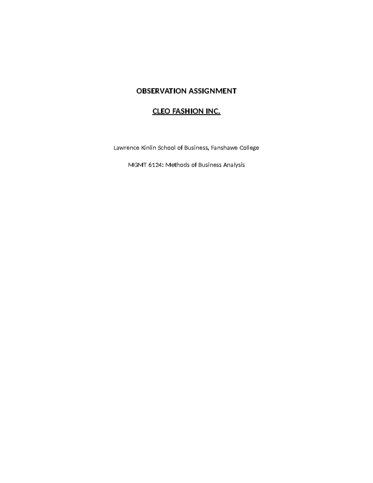 Observation Assignment - OBSERVATION ASSIGNMENT CLEO FASHION INC ...