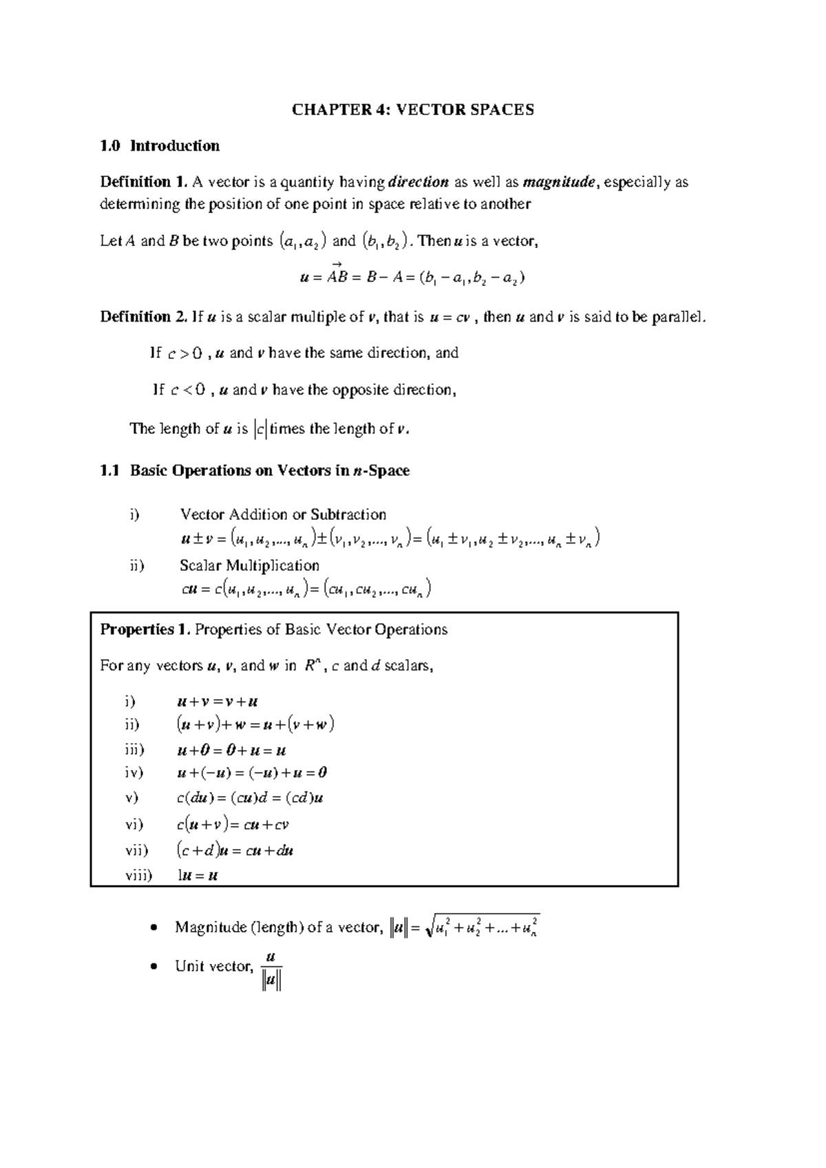 Notes Chapter 4 - CHAPTER 4: VECTOR SPACES 1 Introduction Definition 1 ...
