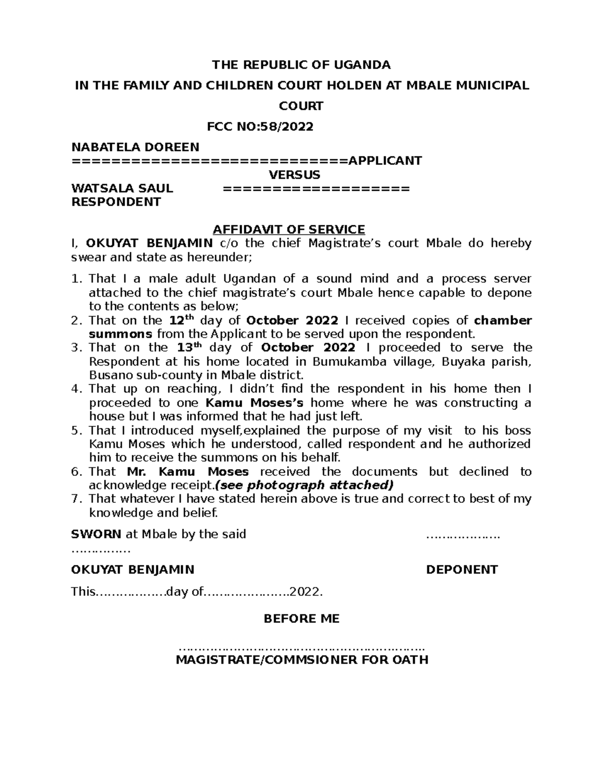 Affidavit Mbale Court HCT - THE REPUBLIC OF UGANDA IN THE FAMILY AND ...