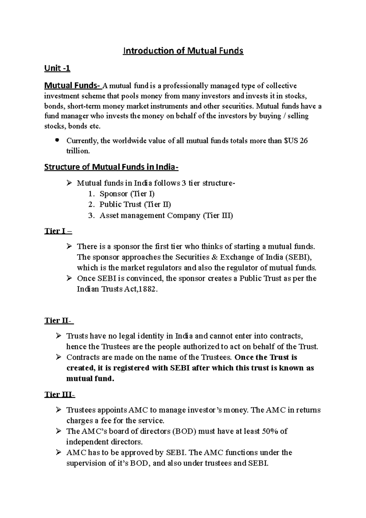 Unit 1 Introduction Of Mutual Funds 1 Introduction Of Mutual Funds