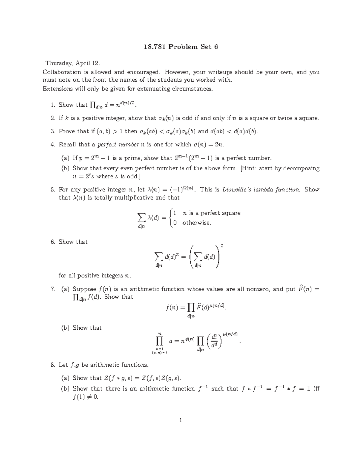 MIT18 781S12 pset6d - 18 Problem Set 6 Thursday, April 12. Collaboration is allowed and ...