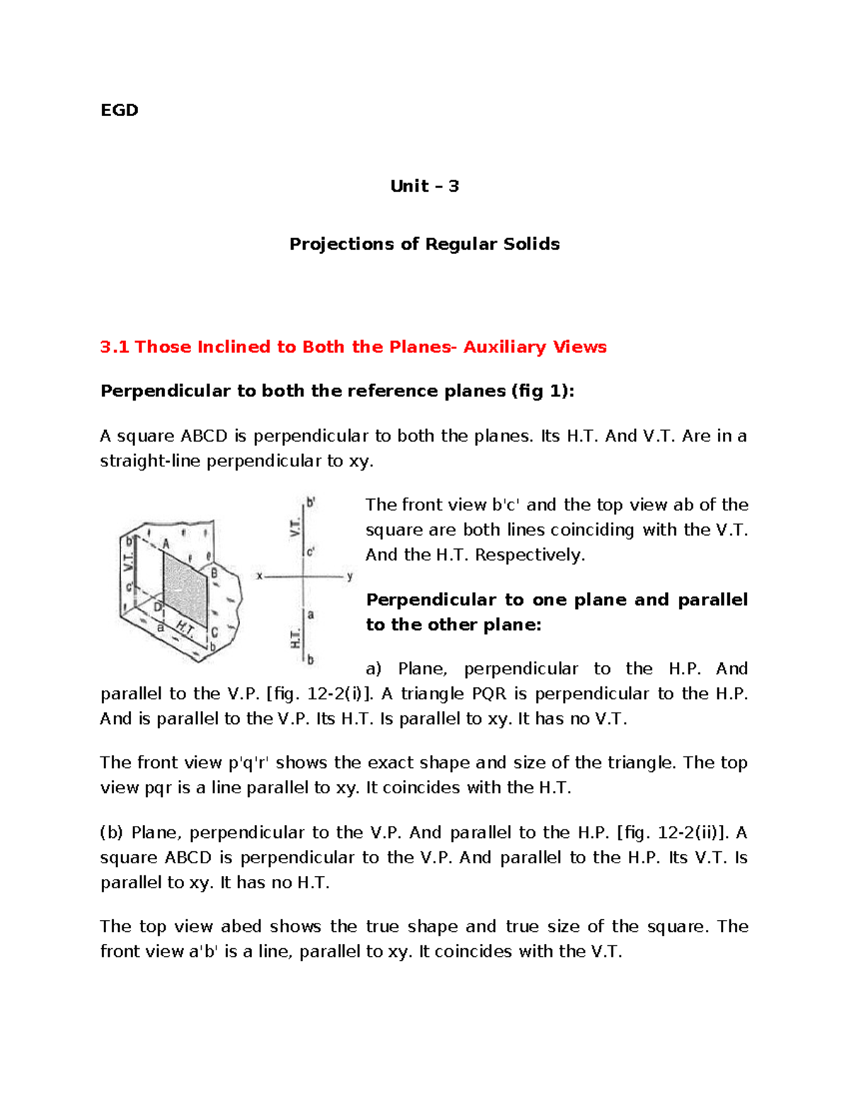 EGD 3 - PROJECTIONS OF REGULAR SOLIDS THOSE INCLINED TO BOTH THE PLANES ...